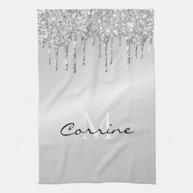 Monogram Silver Dripping Glitter Metallic Platinum Kitchen Towel | Zazzle