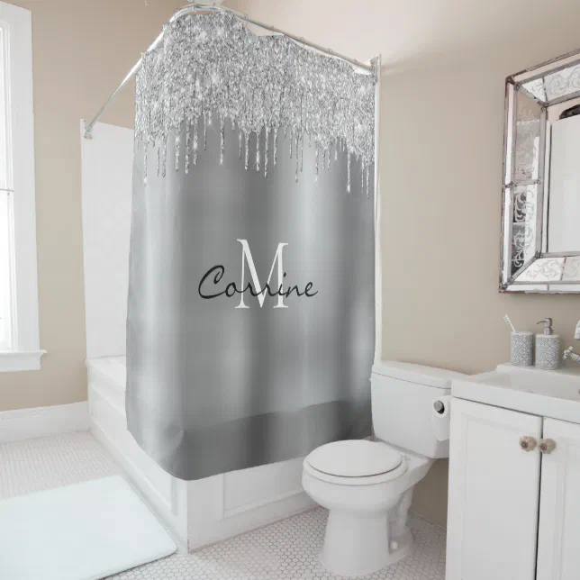 Monogram Silver Dripping Glitter Metallic Platinum Shower Curtain | Zazzle