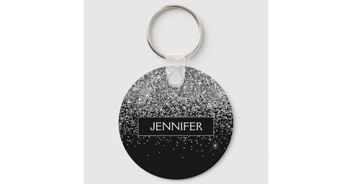Monogram Silver Glam Glitter Sparkle Name Keychain | Zazzle