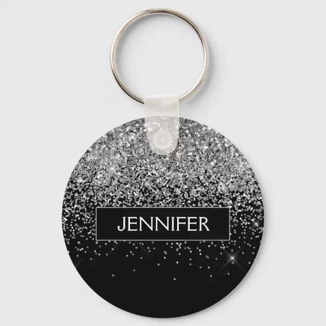 Monogram Silver Glam Glitter Sparkle Name Keychain | Zazzle