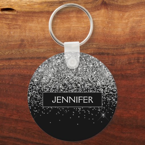 Monogram Silver Glam Glitter Sparkle Name Keychain | Zazzle
