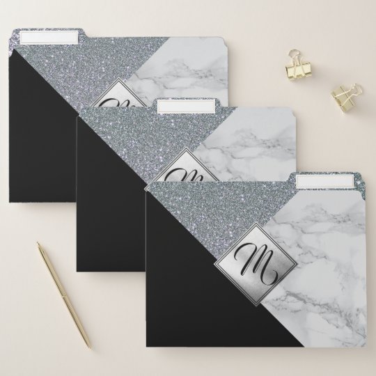 Monogram Silver Glitter, Black and Gray Marble File Folder | Zazzle.com