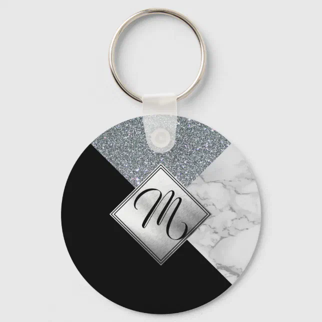 Monogram - Silver Glitter, Black and Marble Keychain | Zazzle