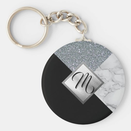Monogram - Silver Glitter, Black and Marble Keychain | Zazzle.com