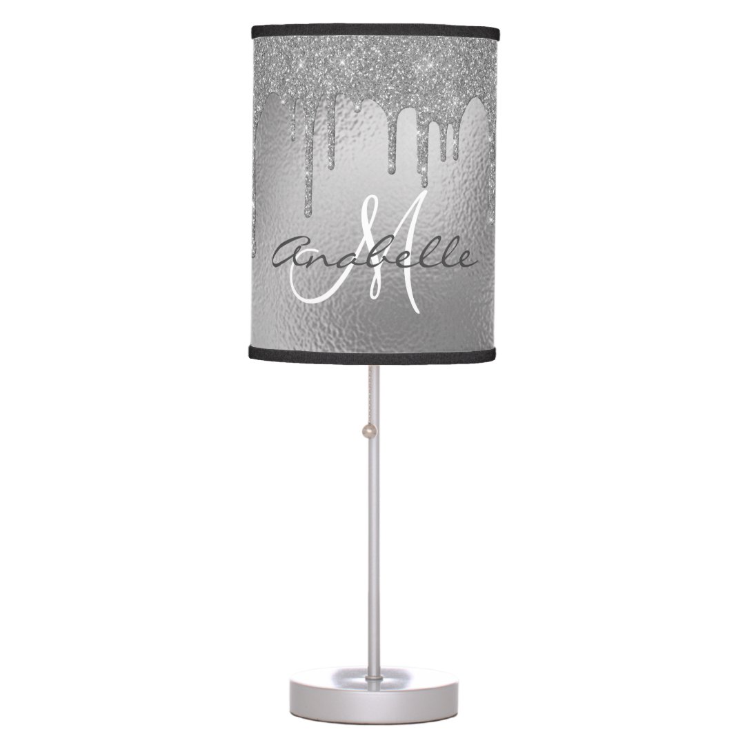 Monogram Silver Glitter Drips Personalized Table Lamp | Zazzle