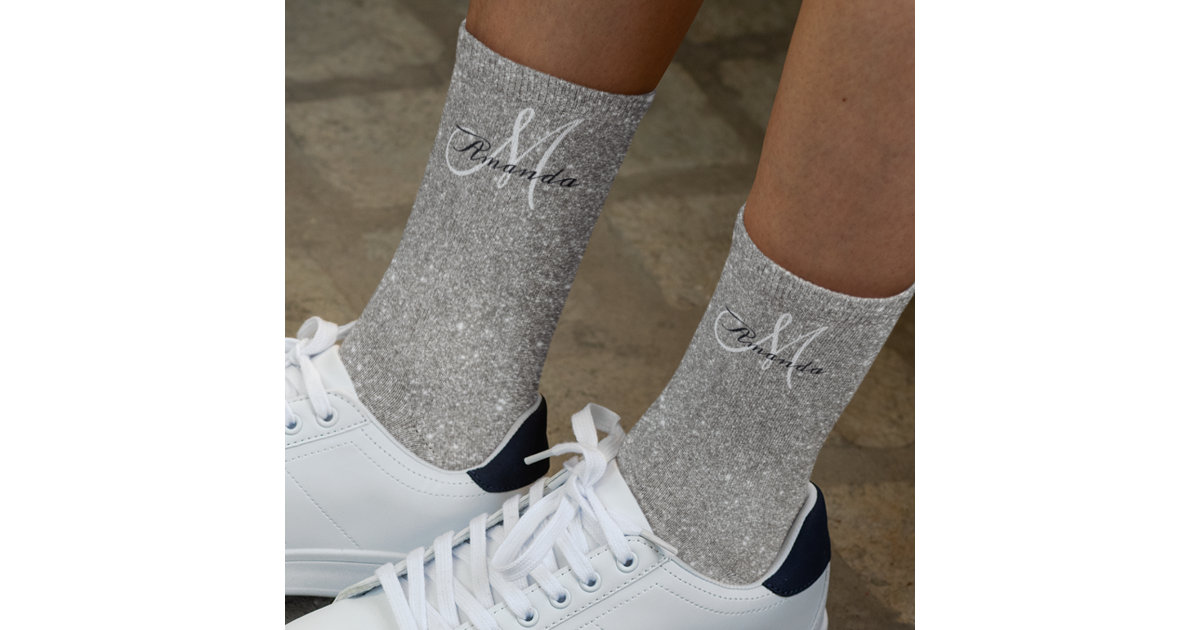 Monogram Silver Glitter Sparkle Personalized Socks | Zazzle