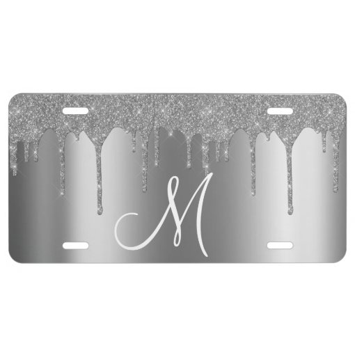 Monogram Silver Metallic Glitter Drips License Plate | Zazzle