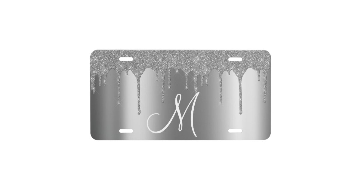 Monogram Silver Metallic Glitter Drips License Plate | Zazzle.com