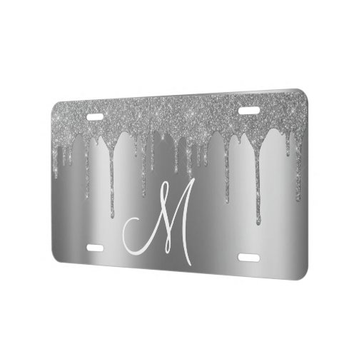 Monogram Silver Metallic Glitter Drips License Plate | Zazzle