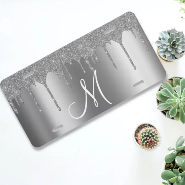 Monogram Silver Metallic Glitter Drips License Plate | Zazzle