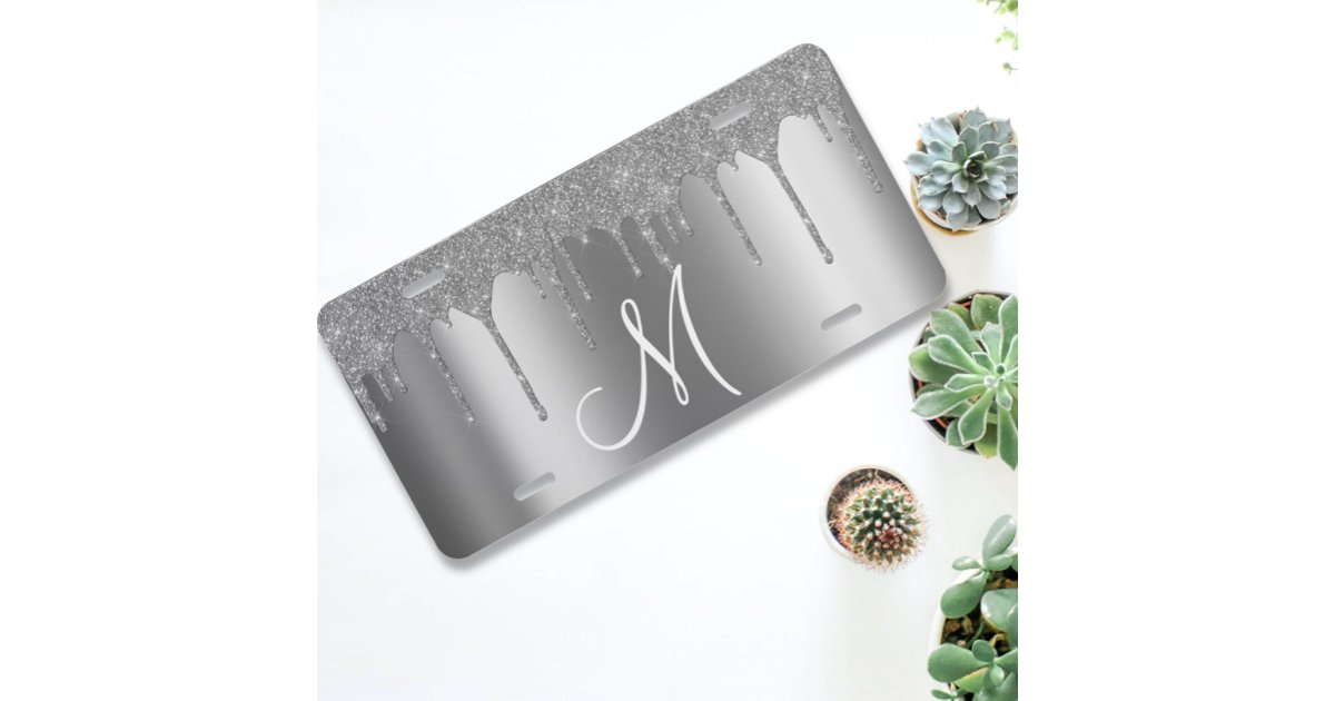 Monogram Silver Metallic Glitter Drips License Plate | Zazzle