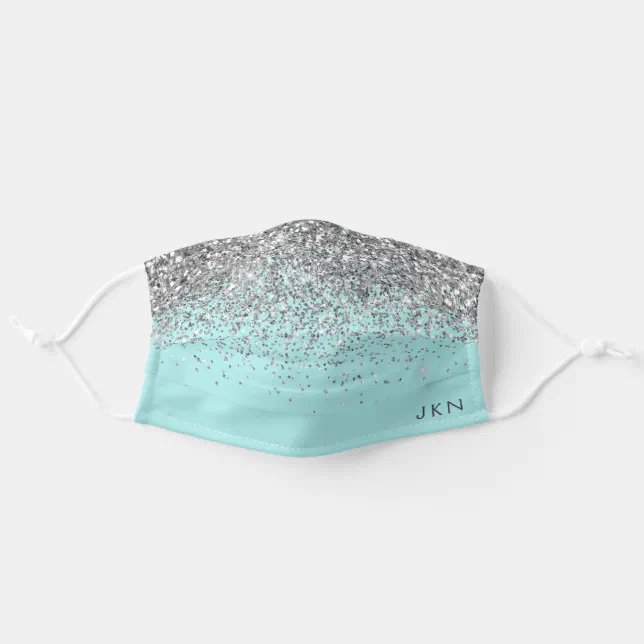 Monogram Silver Teal Aqua Blue Glitter Adult Cloth Face Mask | Zazzle