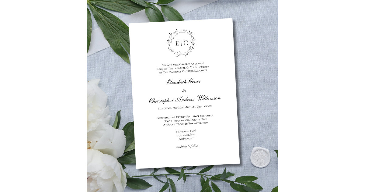 Monogram Simple Traditional Formal Elegant Wedding Invitation | Zazzle