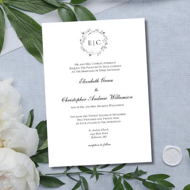 Monogram Simple Traditional Formal Elegant Wedding Invitation | Zazzle