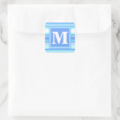 Monogram sky blue stripes square sticker | Zazzle