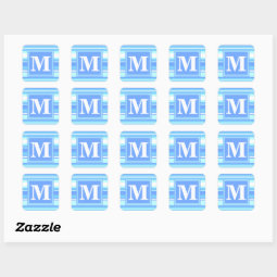 Monogram sky blue stripes square sticker | Zazzle