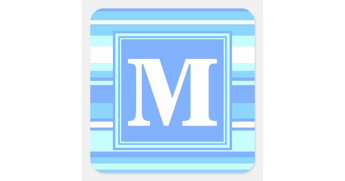 Monogram sky blue stripes square sticker | Zazzle
