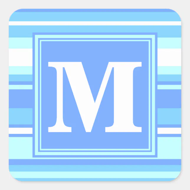 Monogram sky blue stripes square sticker | Zazzle