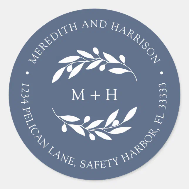 Monogram Slate Blue Wedding Return Address Classic Round Sticker | Zazzle