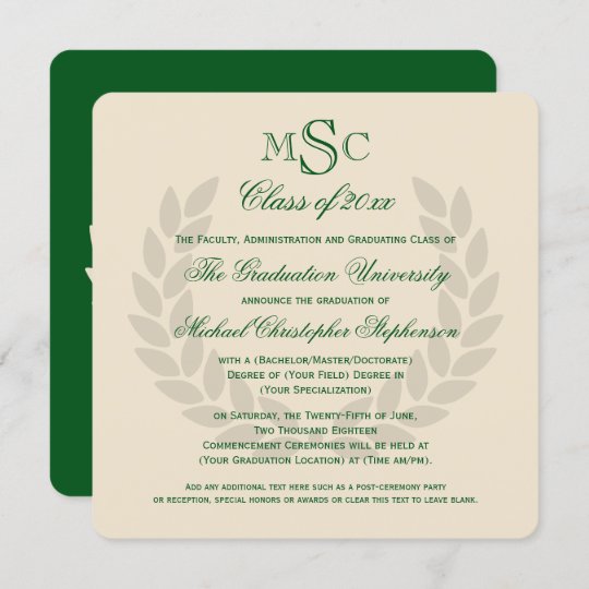 Monogram Square Classic Green College Graduation Invitation | Zazzle.com