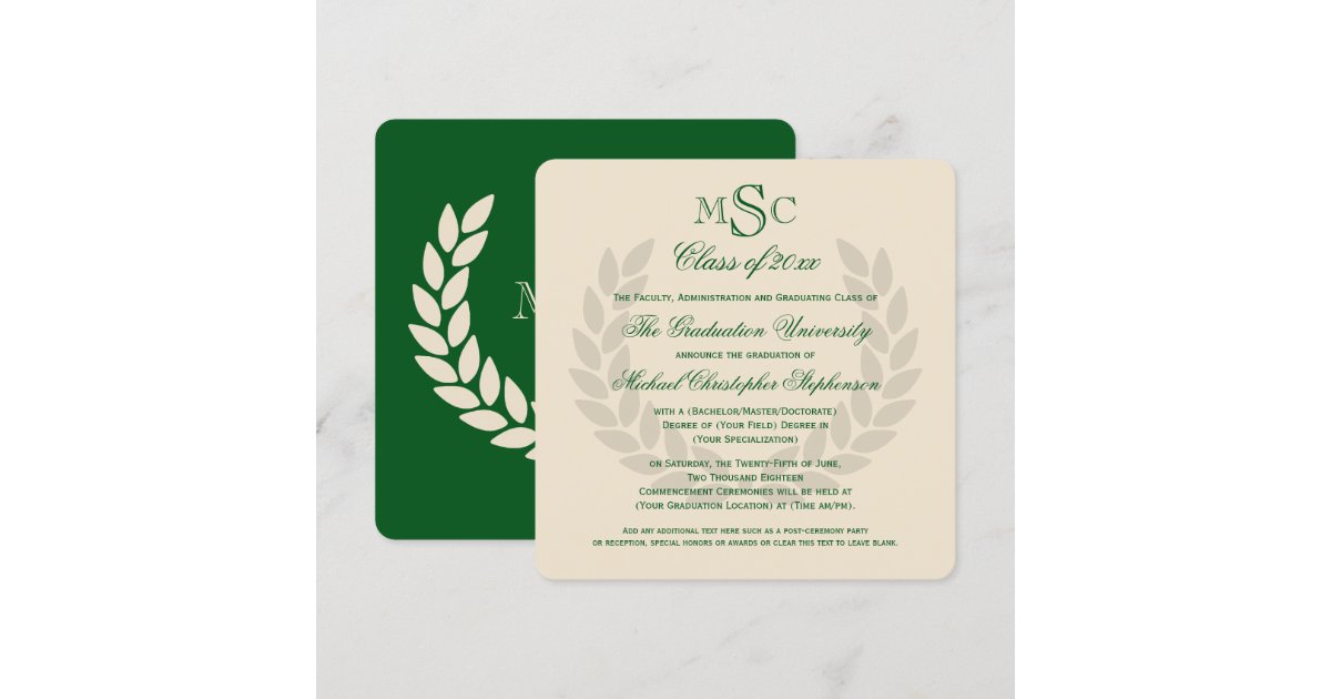 Monogram Square Classic Green College Graduation Invitation | Zazzle