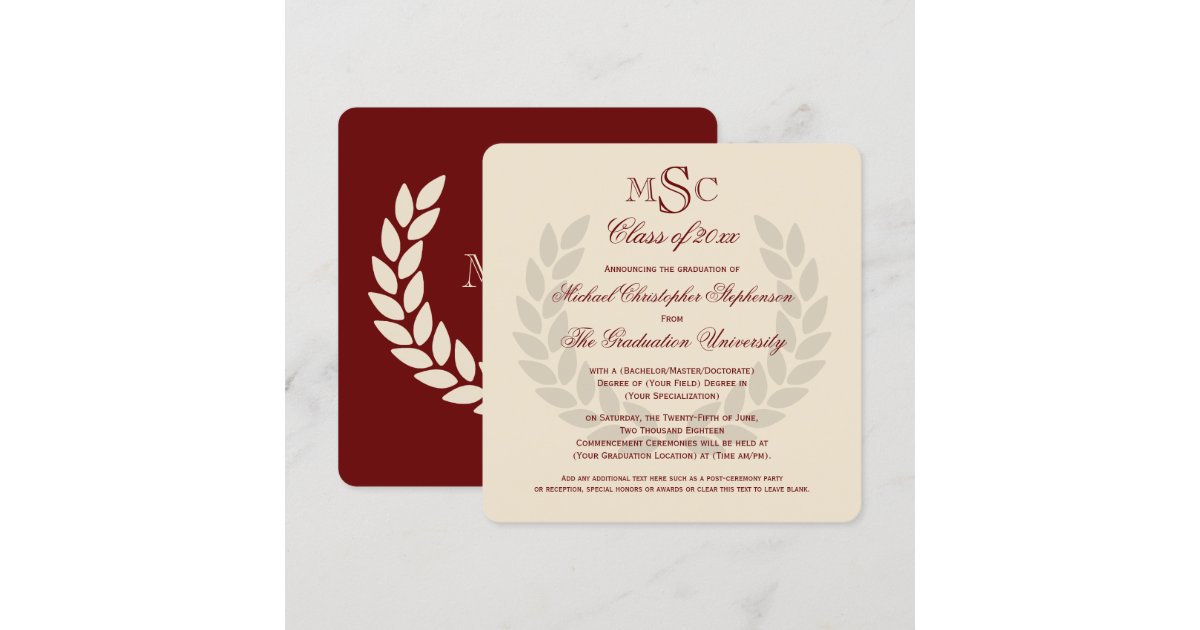 Monogram Square Classic Maroon College Graduation Invitation | Zazzle