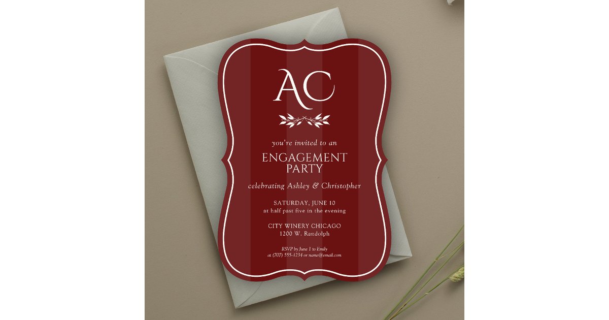Monogram Striped Rosewood Red Engagement Party Invitation | Zazzle