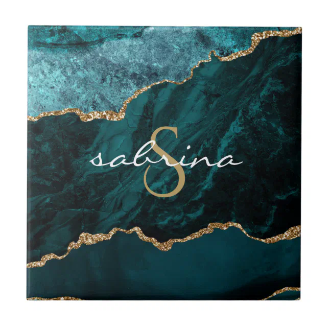 Monogram Teal Blue Gold Agate Geode Ceramic Tile | Zazzle