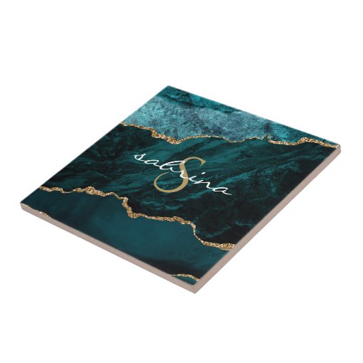 Monogram Teal Blue Gold Agate Geode Ceramic Tile | Zazzle
