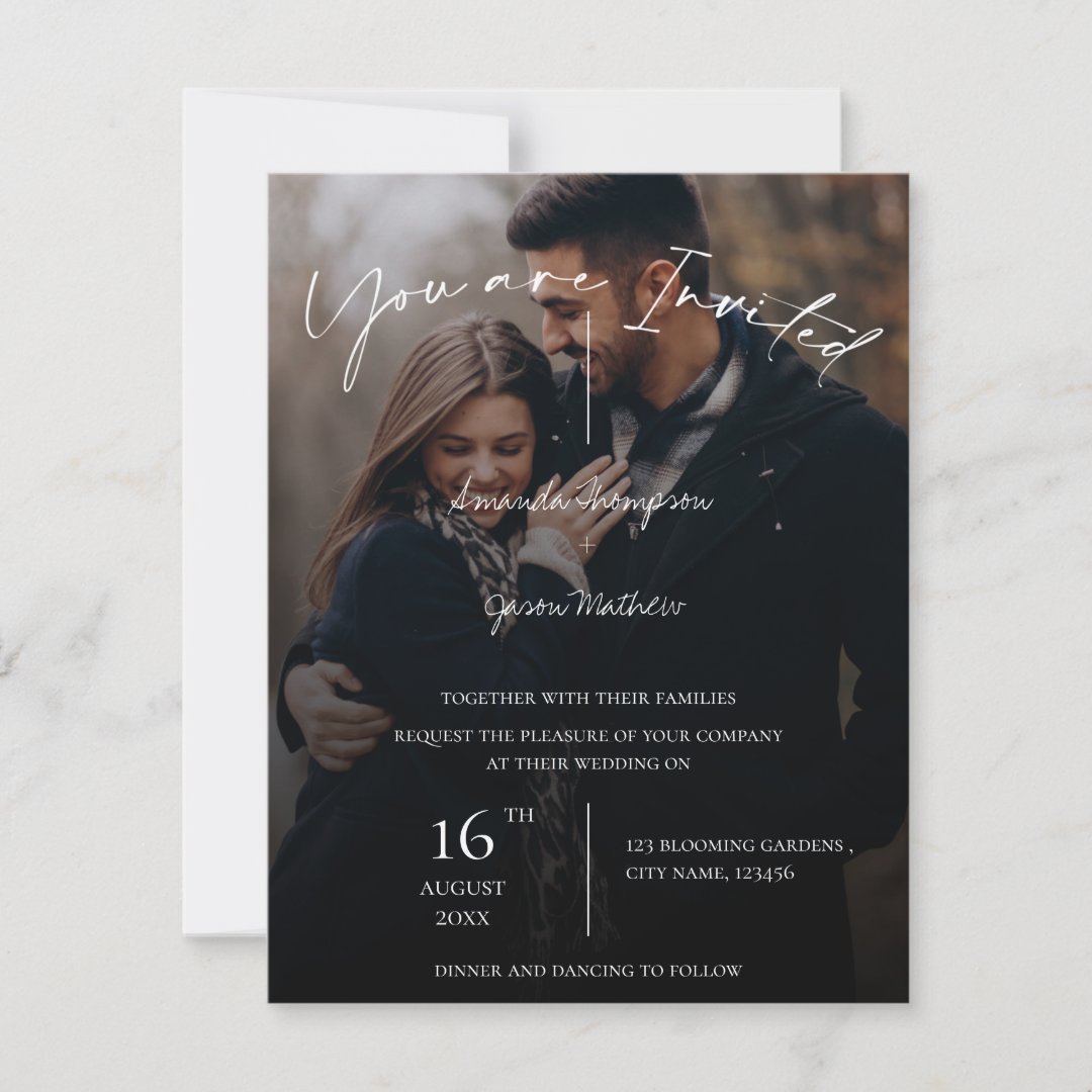 Monogram Text Overlay Typography Photo Wedding Invitation | Zazzle