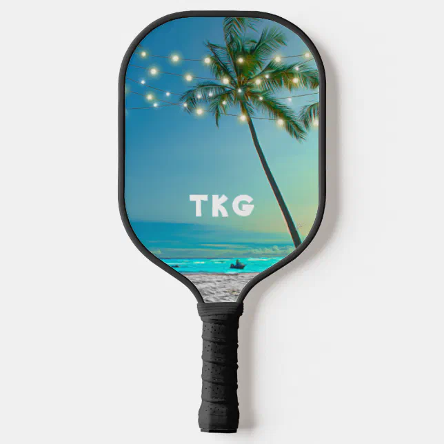 Monogram Tropical Beach Palm Trees String Lights Pickleball Paddle | Zazzle