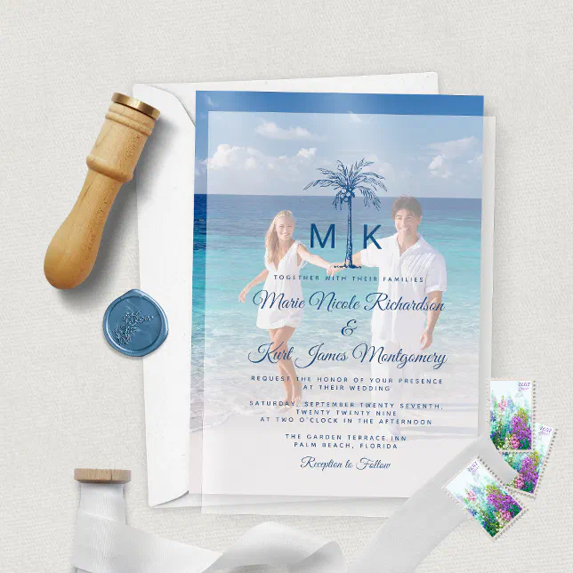 Monogram Tropical Palm Tree Formal Beach Wedding Vellum Invitations ...