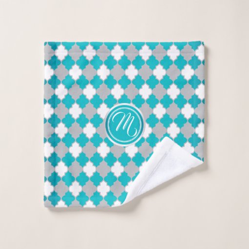 Monogram Turquoise Gray And White Quatrefoil Bath Towel Set Zazzle