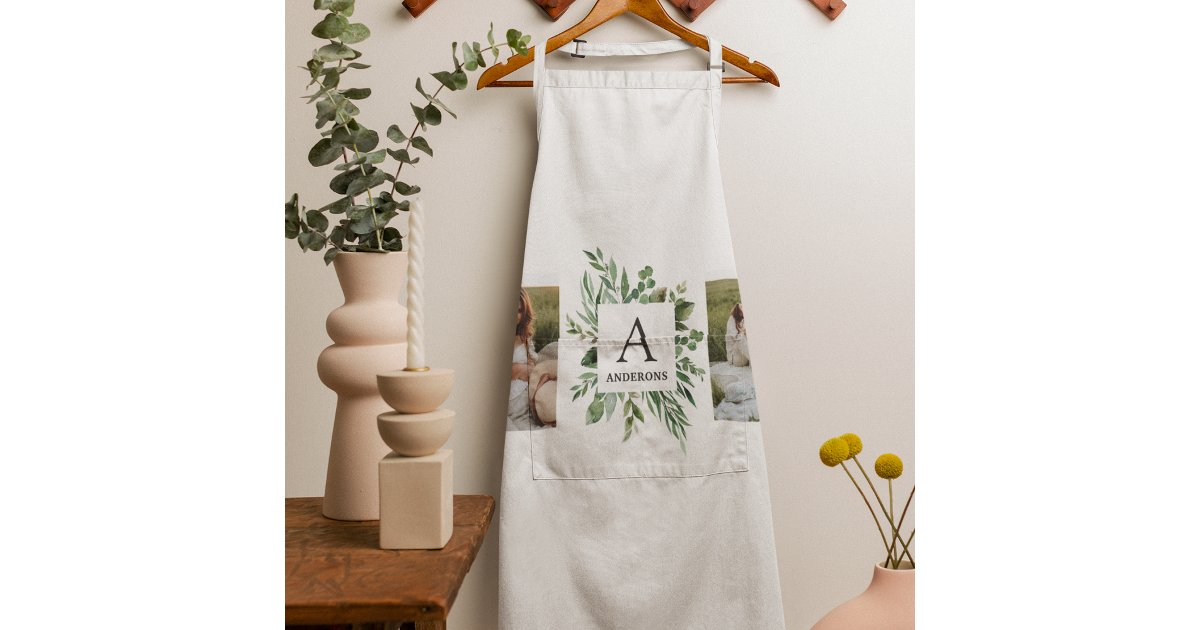 Monogram Two Photos | Personalized Greenery Frame Apron | Zazzle