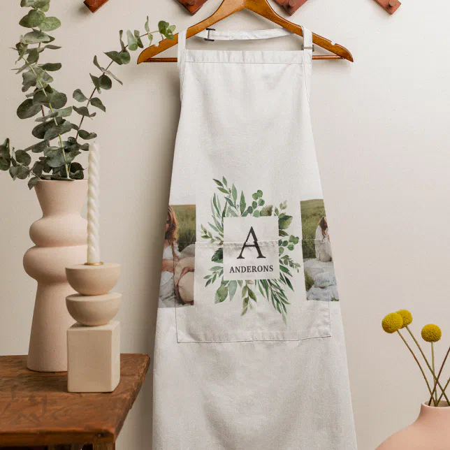 Monogram Two Photos | Personalized Greenery Frame Apron | Zazzle