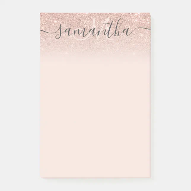 Monogram typography blush rose gold glitter ombre post-it notes | Zazzle