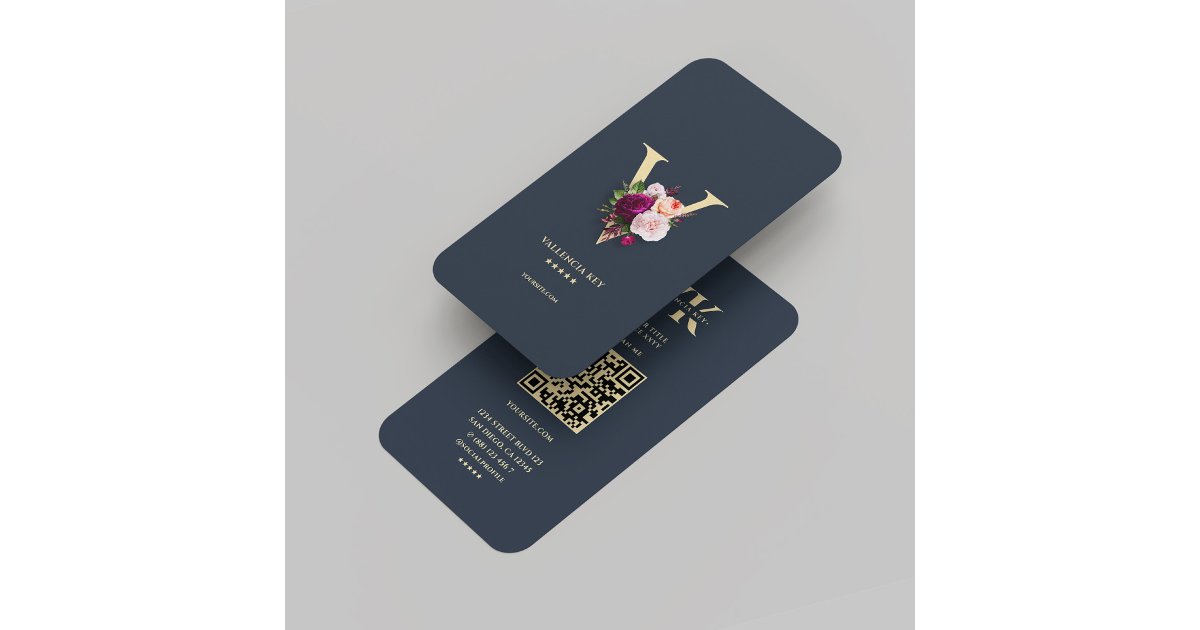 Monogram V Floral Professional Dark Blue Gold Business Card | Zazzle