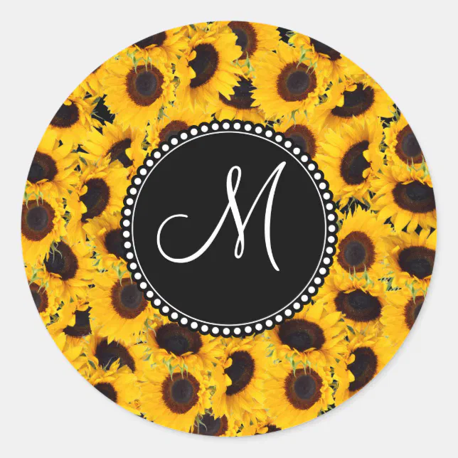 Monogram Vibrant Beautiful Sunflowers Floral Classic Round Sticker | Zazzle