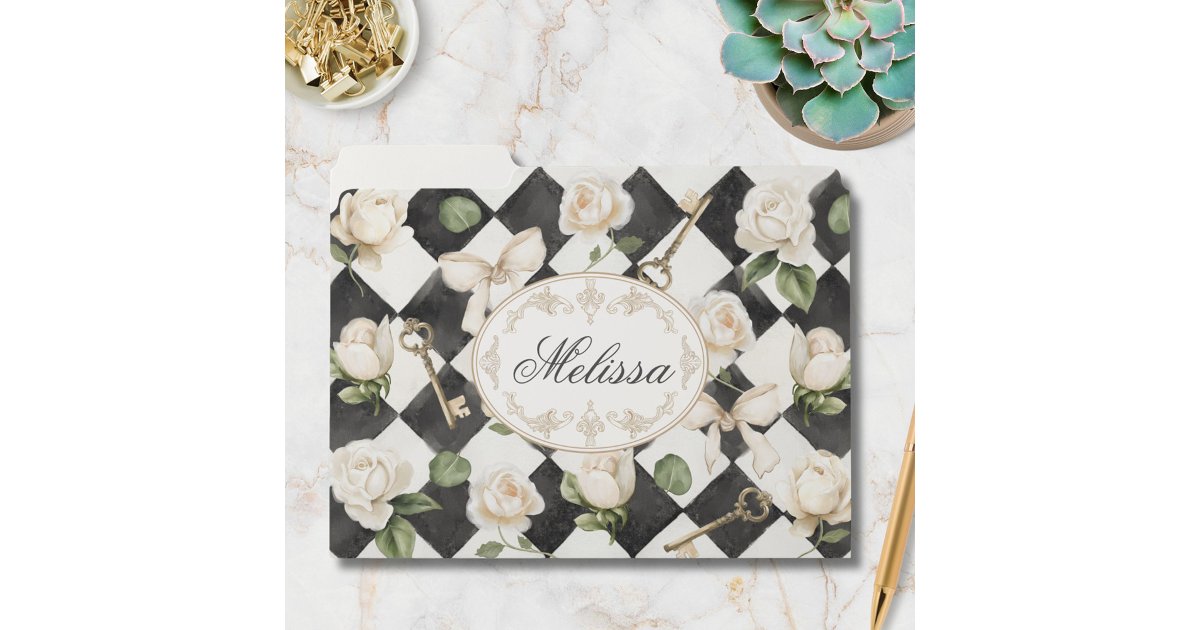 Monogram Vintage Rose Flowers Black White Diamond File Folder | Zazzle