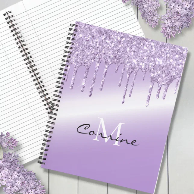 Monogram Violet Purple Dripping Glitter Metallic Notebook | Zazzle