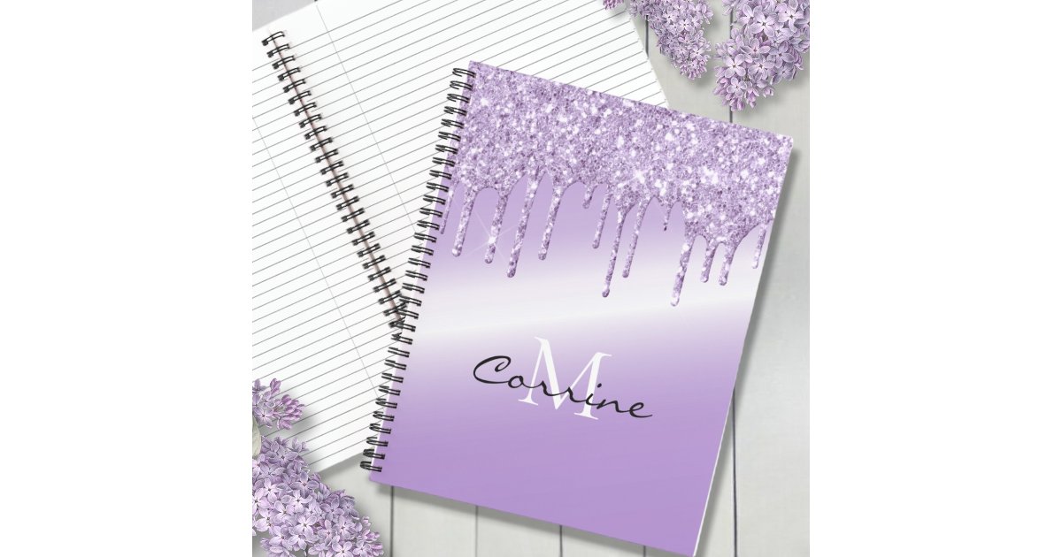 Monogram Violet Purple Dripping Glitter Metallic Notebook | Zazzle