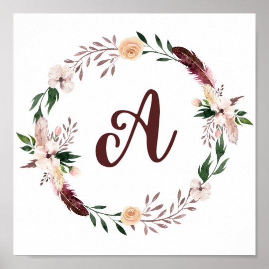 Monogram watercolor boho wreath poster | Zazzle.com
