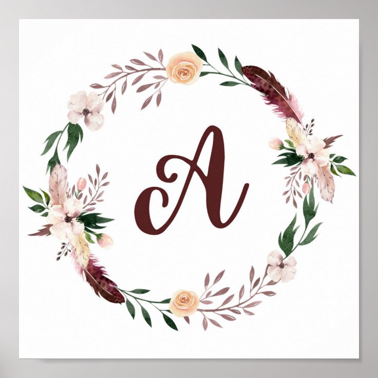 Monogram watercolor boho wreath poster | Zazzle