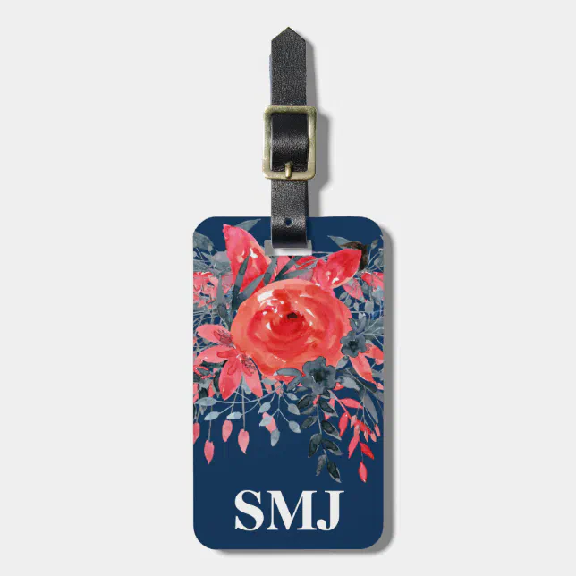 Monogram Watercolor Floral Blue Denim / Red Rose Luggage Tag | Zazzle