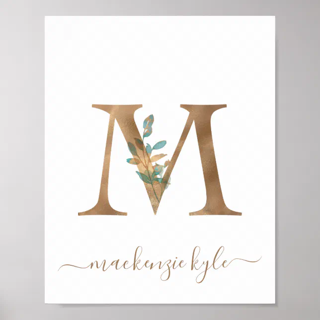 Monogram Watercolor Floral Gold Letter M Poster | Zazzle