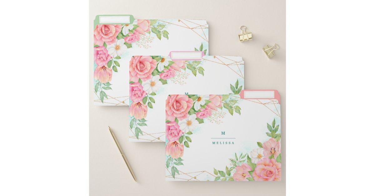 Monogram Watercolor Floral Greenery Pink Rose File Folder | Zazzle