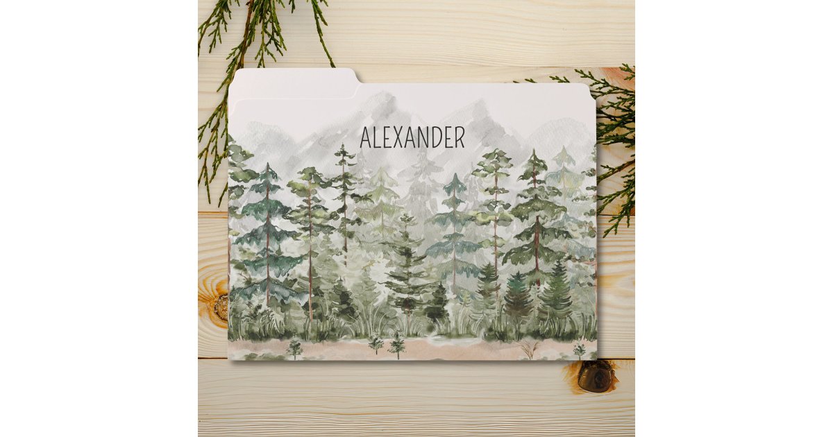 Monogram Watercolor Green Pine Forest on Mountain File Folder | Zazzle