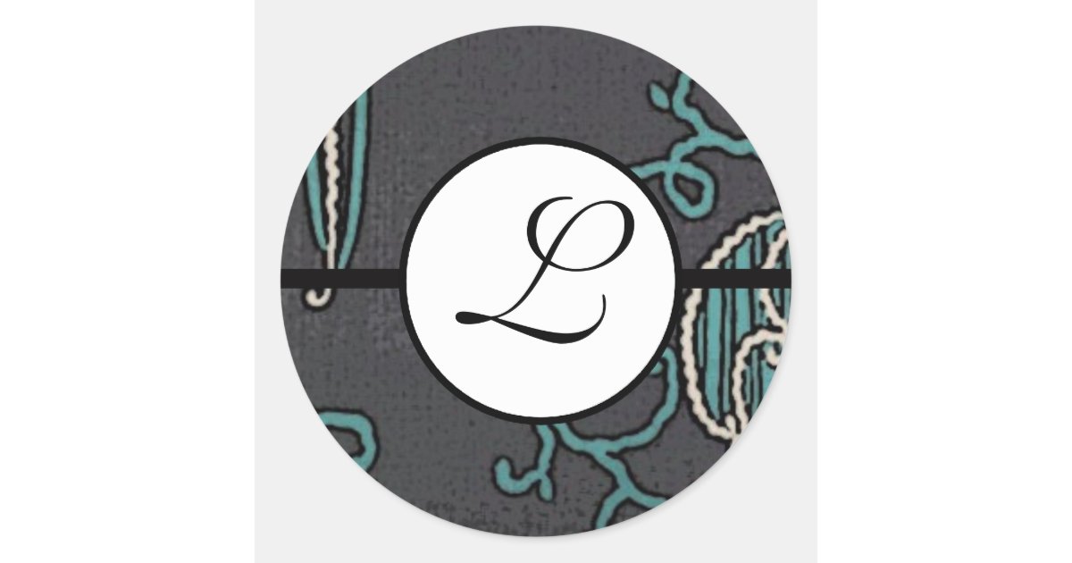 Monogram Wedding Brite Aqua Blue Borders Classic Round Sticker | Zazzle