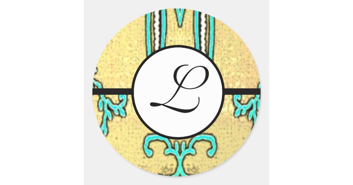 Monogram Wedding Brite Aqua Blue Borders Classic Round Sticker | Zazzle