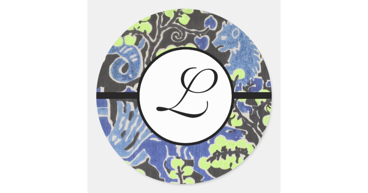 Monogram Wedding Brite Blue Borders Classic Round Sticker | Zazzle